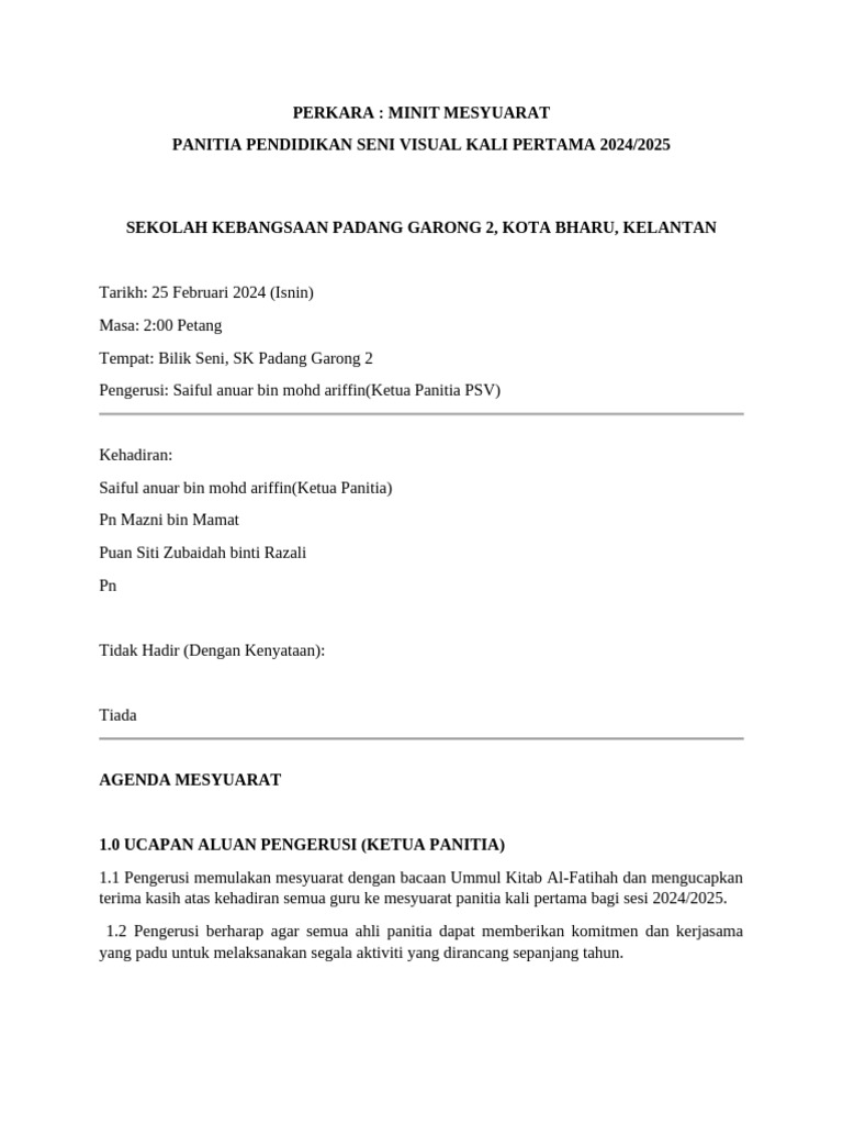 Minit Mensyuarat Kali Pertama PSV 2025 | PDF