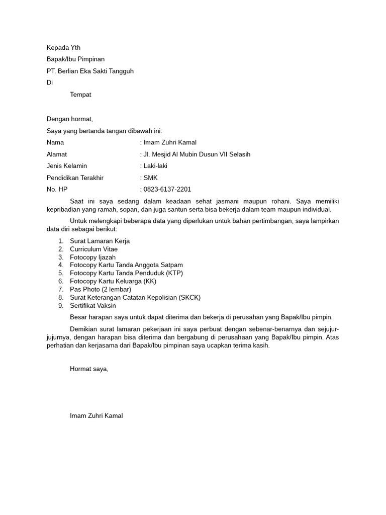 Surat Lamaran Kerja Imam | PDF