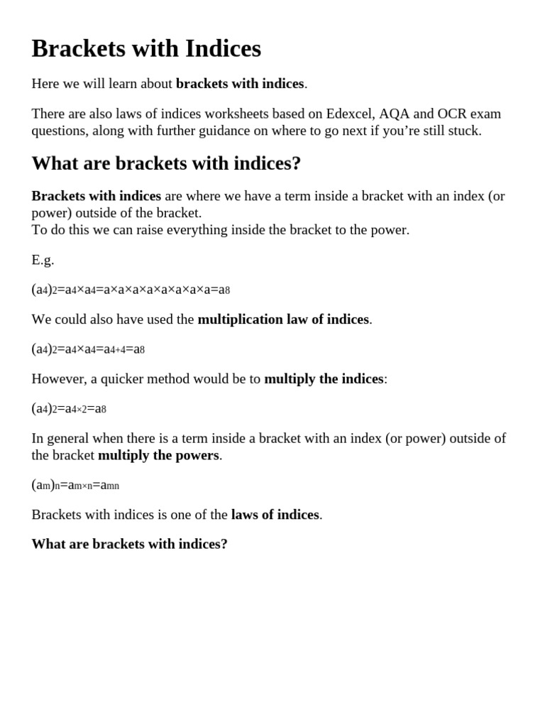 Brackets With Indices | PDF | Arithmetic | Mathematical Notation