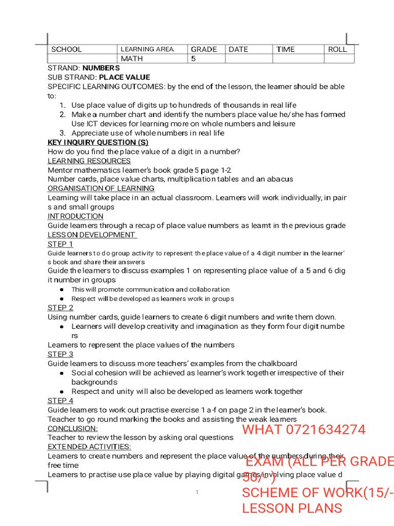 Grade 5 Mathematics Lesson Plans Term 1 2 and 3 Mentor Mathematics ...