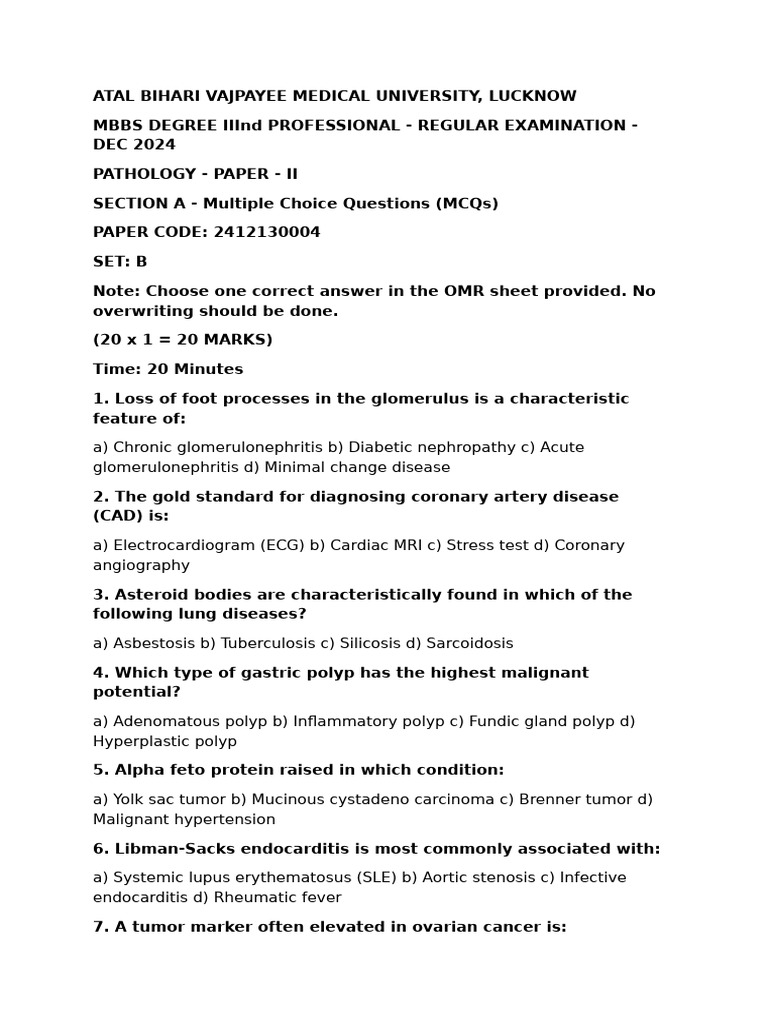 Pathology Exam Paper - Dec 2024 | PDF | Cirrhosis | Coeliac Disease