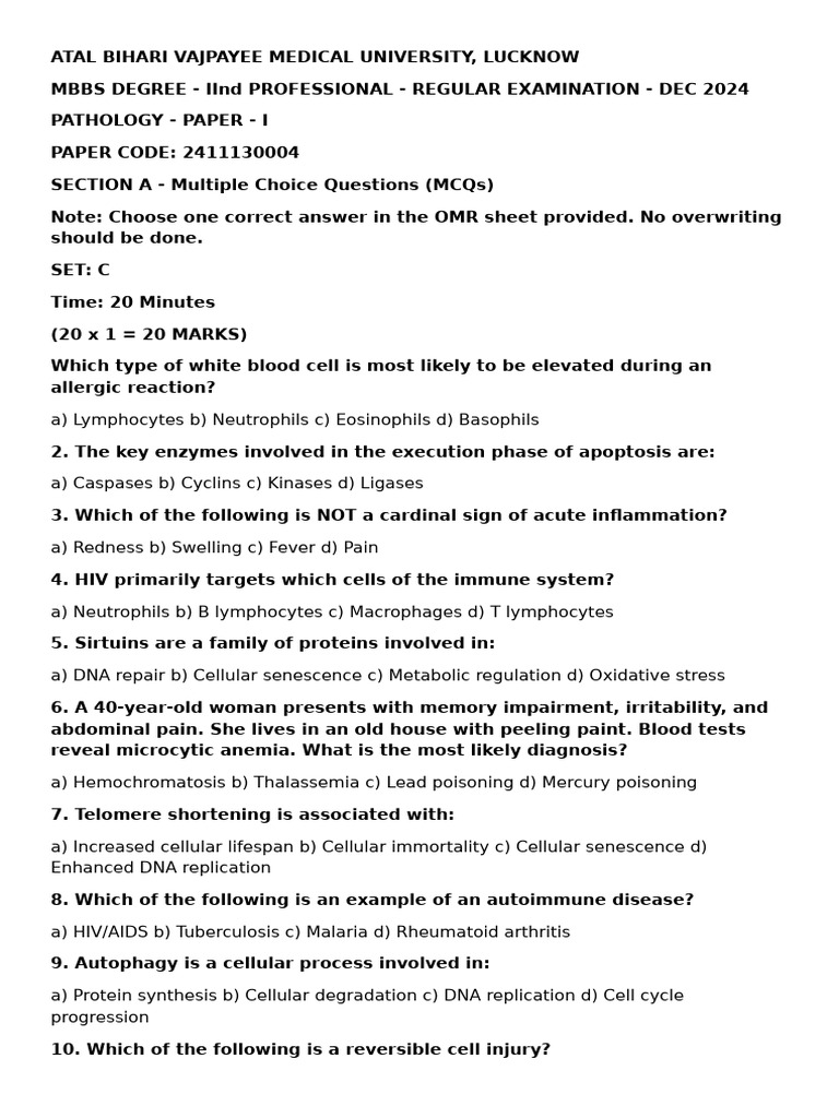 Pathology Exam Paper - Dec 2024 | PDF | Anemia | Inflammation
