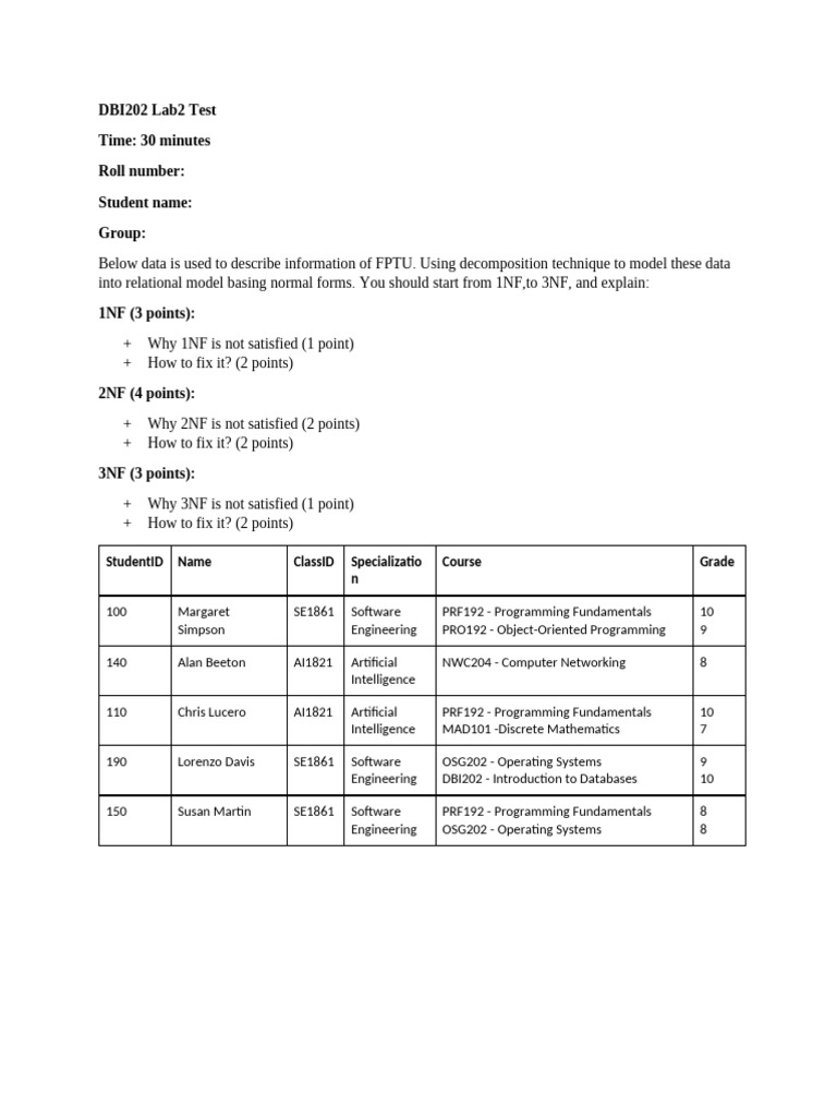 DBI202 Lab2 Test | PDF