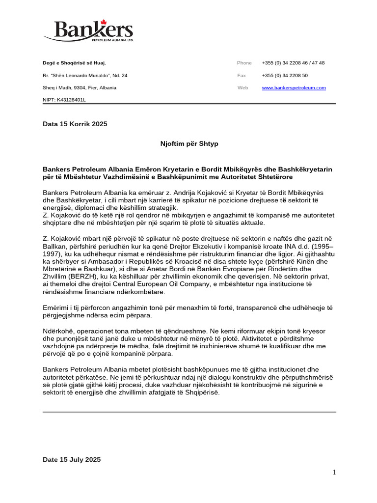 Njoftim Per Shtyp 15 July 2025 | PDF