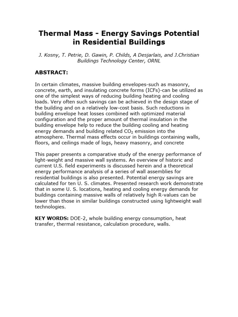 ORNL Thermal-Mass Energy Savings Potential in Residential Buildings | PDF | Building Insulation ...