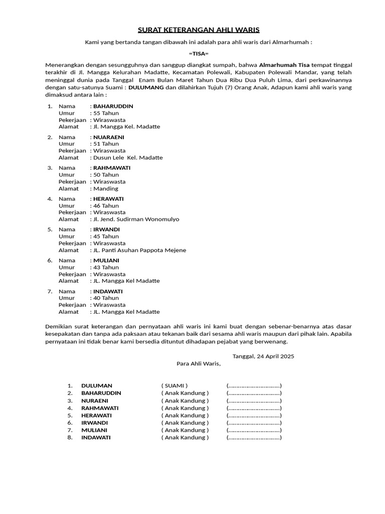 Surat Keterangan Ahli Waris Tisa | PDF