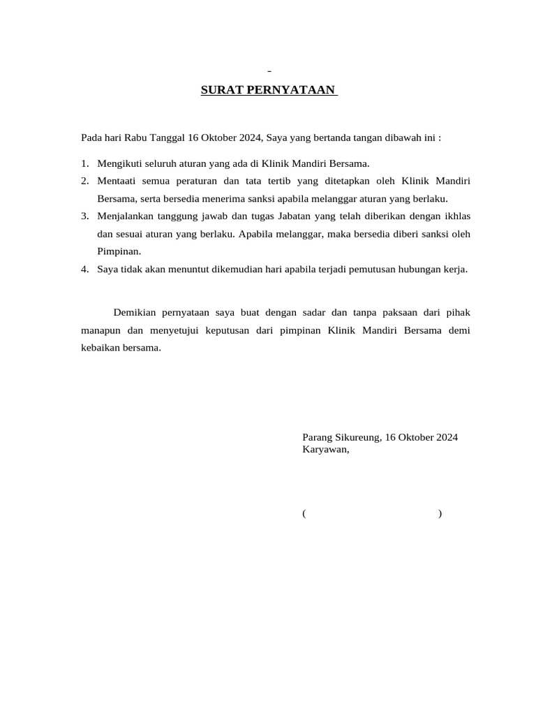 SURAT PERNYATAAN ATURAN Klinik | PDF