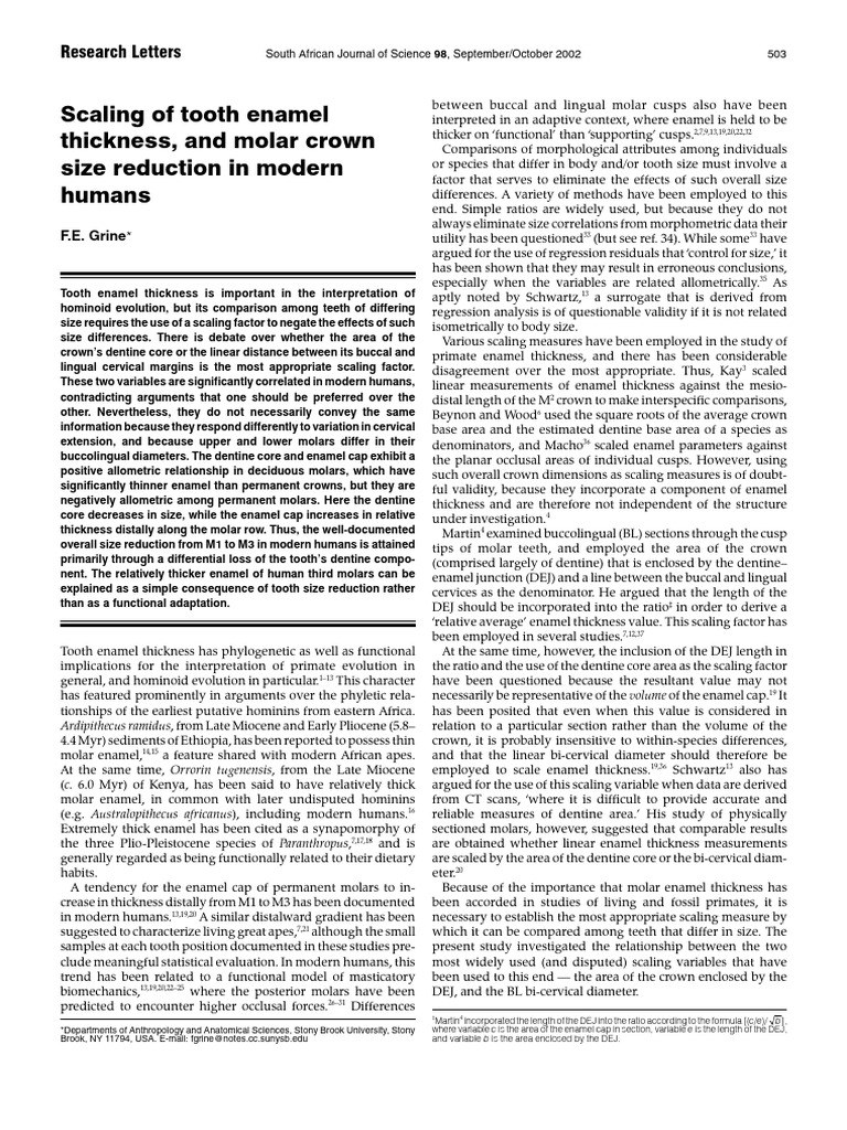Grine Scaling of Tooth Enamel Thickness and Molar Crown Size Reduction ...