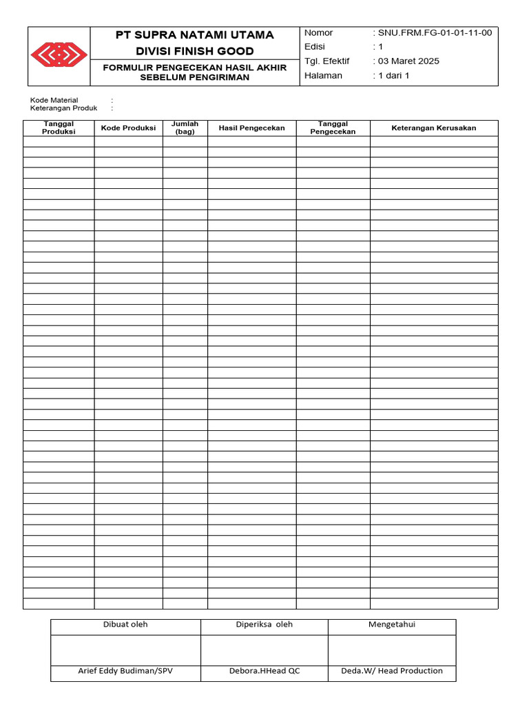 Formulir Pengecekan Produk Akhir FG | PDF