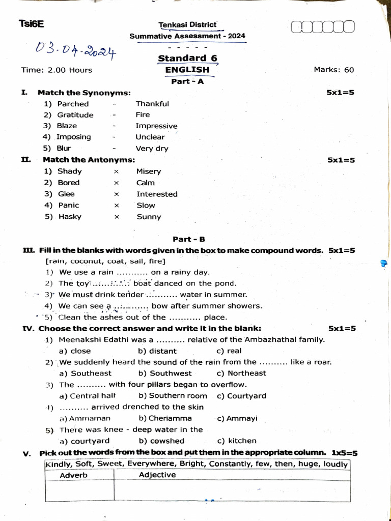 6th English Term 3 Exam April 2024 Question Paper Tenkasi District PDF ...