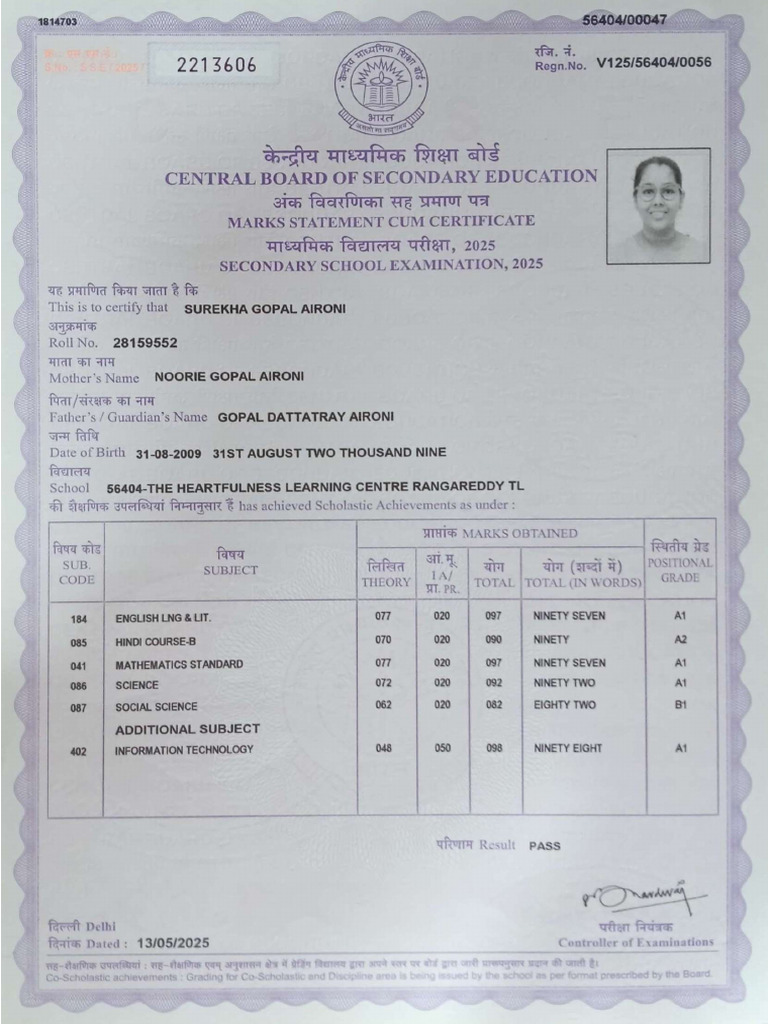 Surekha Gopal Aironi - 10th Grade Marksheet | PDF