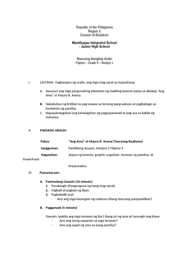 Lesson Plan - Filipino 9 - Ang Ama | PDF