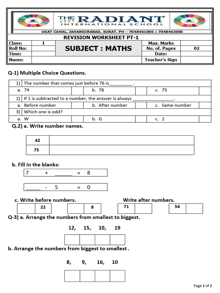 Class 1 Maths Revision Worksheet | PDF