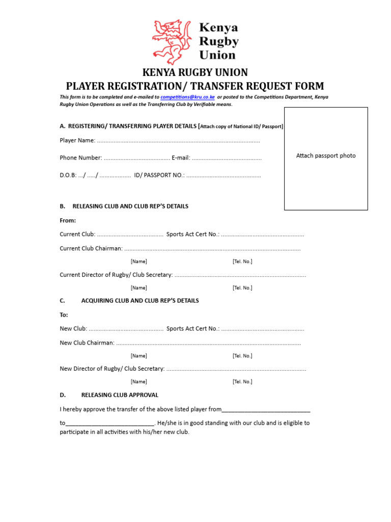 KRU Player Registration/Transfer Form | PDF | Government And Personhood