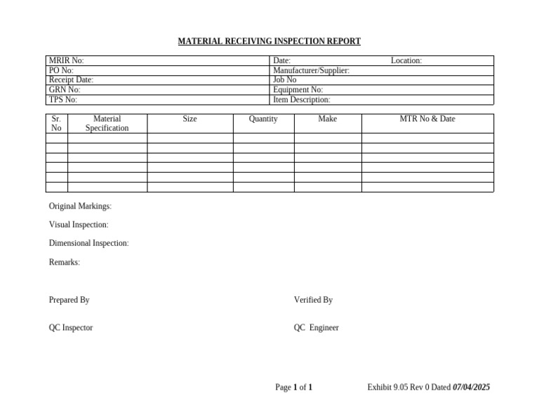 9.05 Material Receiving Inspection Report | PDF