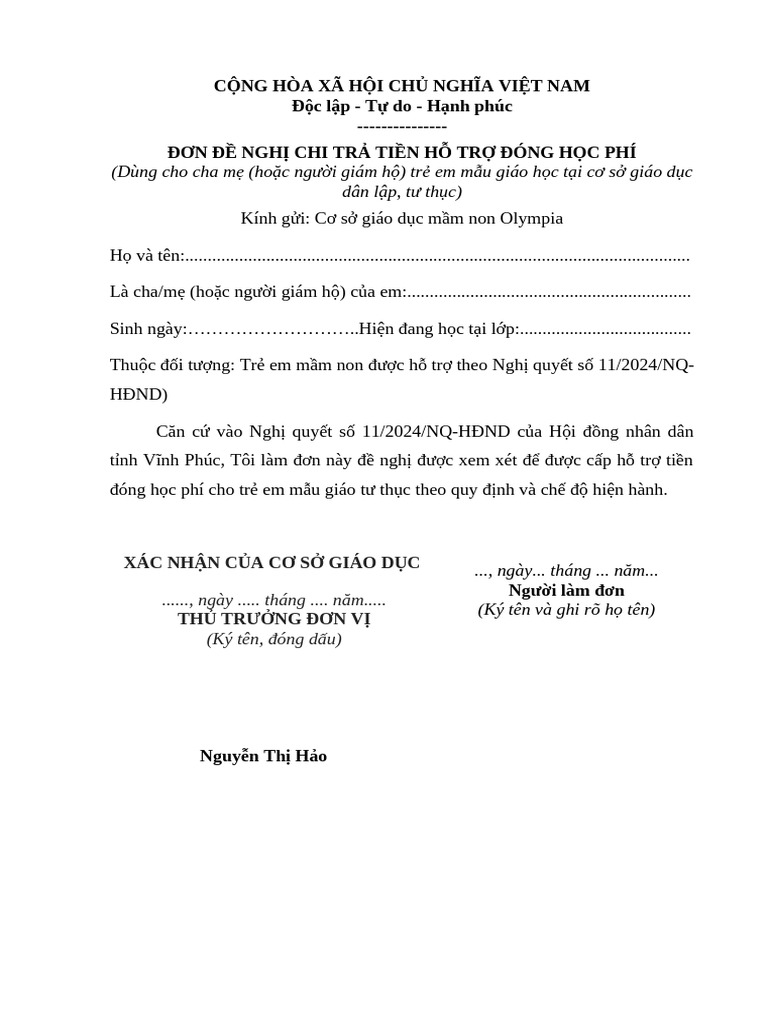 Mẫu Đơn Xin Miễn-giảm-hỗ Trợ Học Phí. Olympia1 | PDF