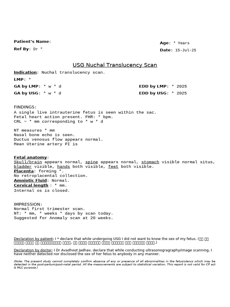 Normal Nuchal Translucency Scan Report | PDF