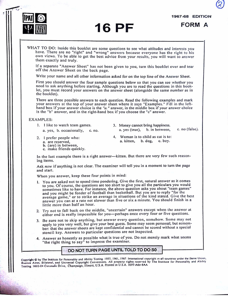 Form A Sixteen Personality Factor (16 PF) | PDF