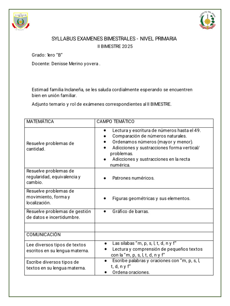 Temario y Rol de Examenes II BIMESTRE | PDF