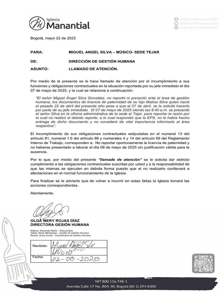 Llamado de Atención Miguel Silva - Musico Sede El Tejar 2 | PDF