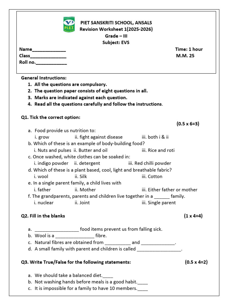Grade III EVS Revision Worksheet | PDF