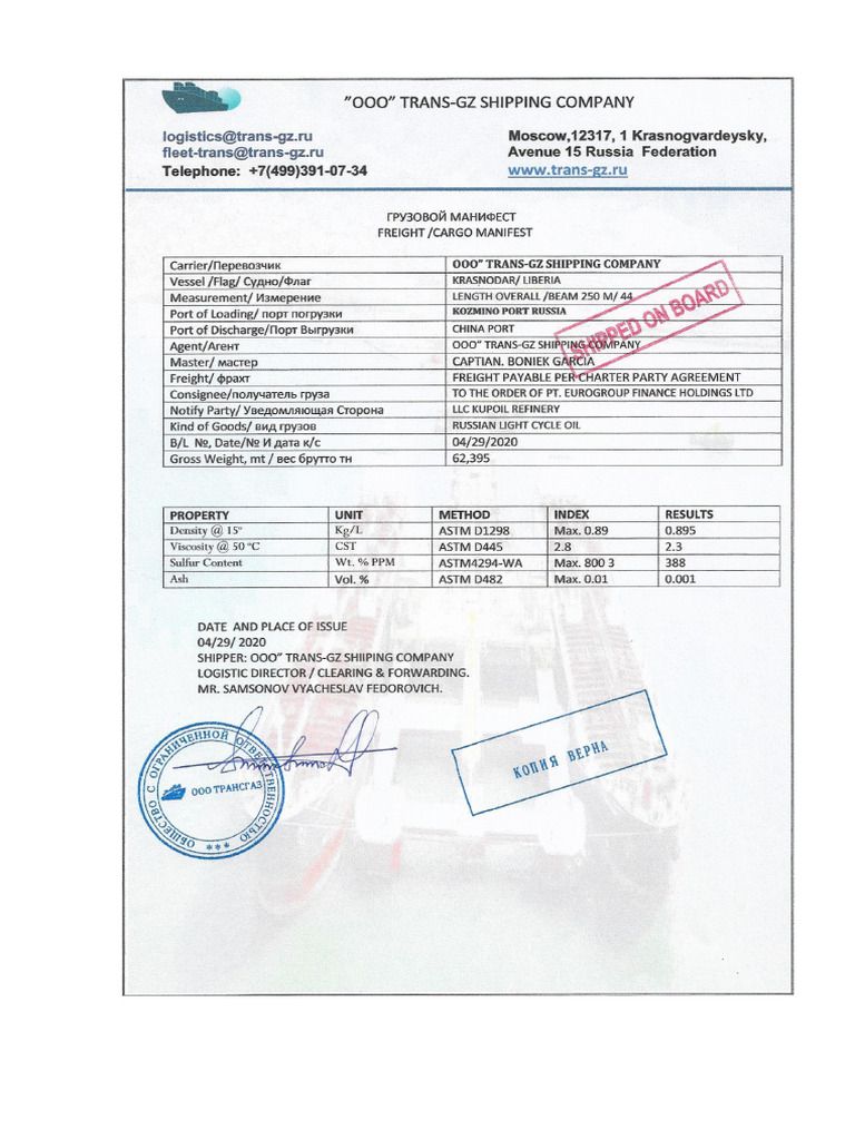 Vessel Cargo Manifest. | PDF