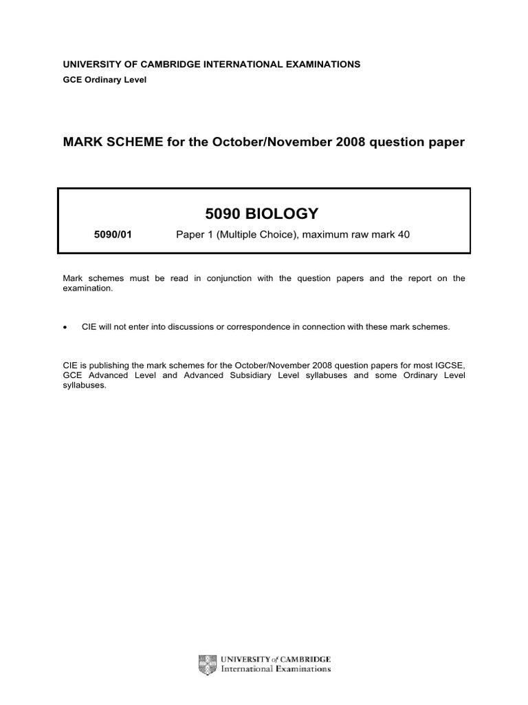 5090 BIOLOGY: MARK SCHEME For The October/November 2008 Question Paper ...