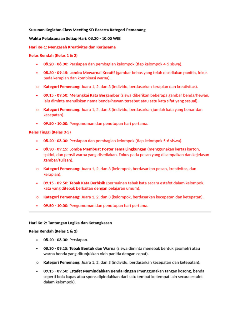 Susunan Kegiatan Class Meeting SD | PDF