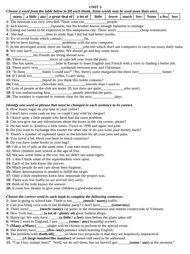 Word Choice Exercises for Quantifiers | PDF