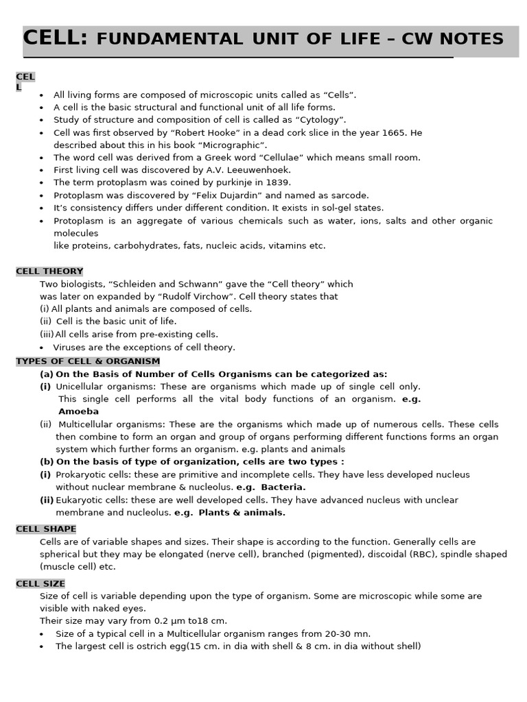 Cell Unit of Life - CW Notes | PDF | Cell (Biology) | Cell Membrane