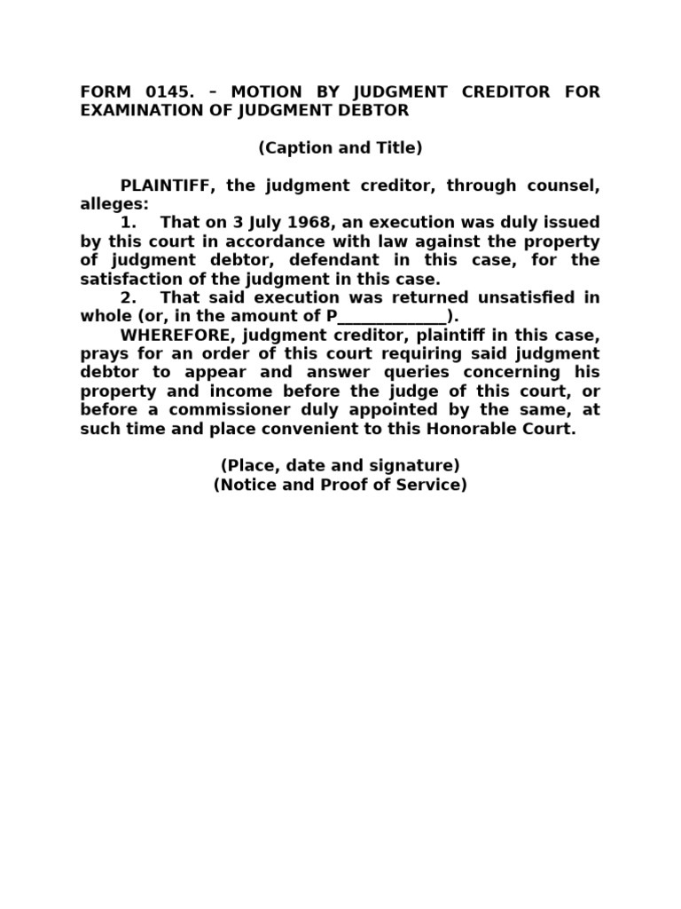 Form 0145 Motion by Judgment Creditor For Examination of Judgment Debtor | PDF