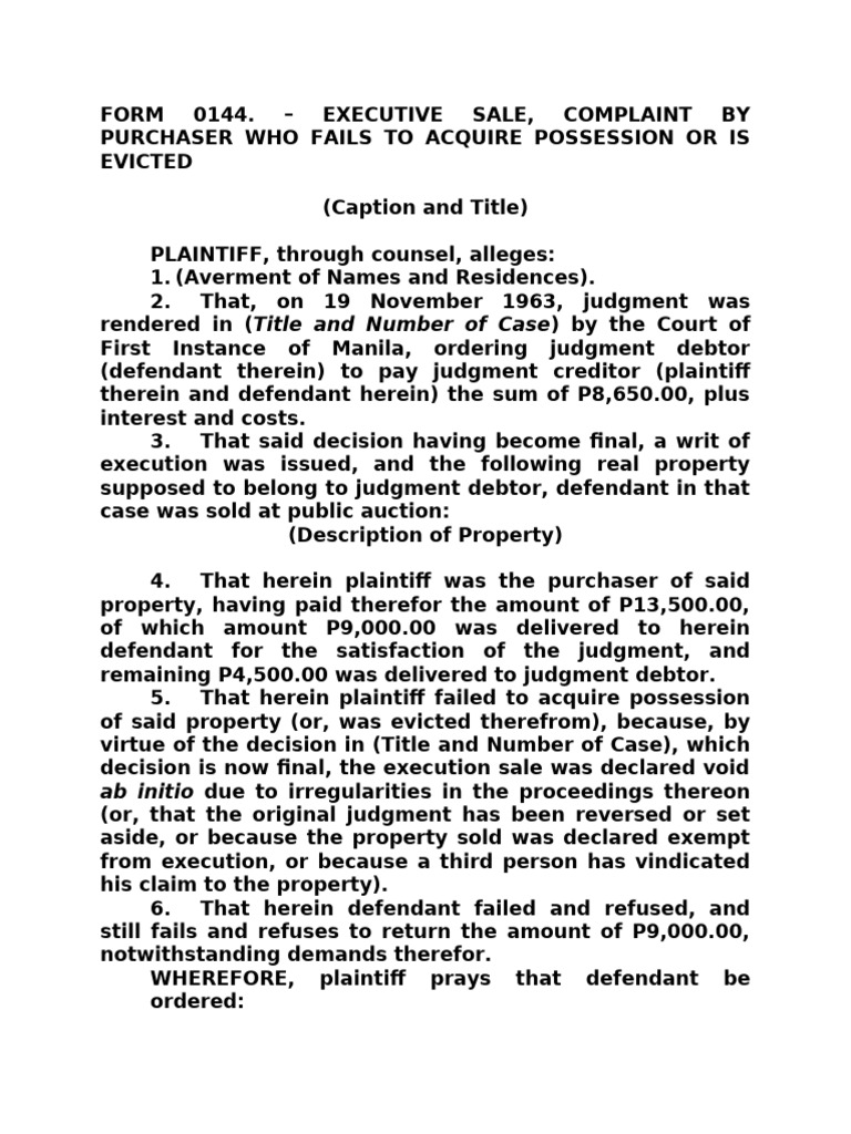 Form 0144 Executive Sale, Complaint by Purchaser Who Fails To Acquire ...