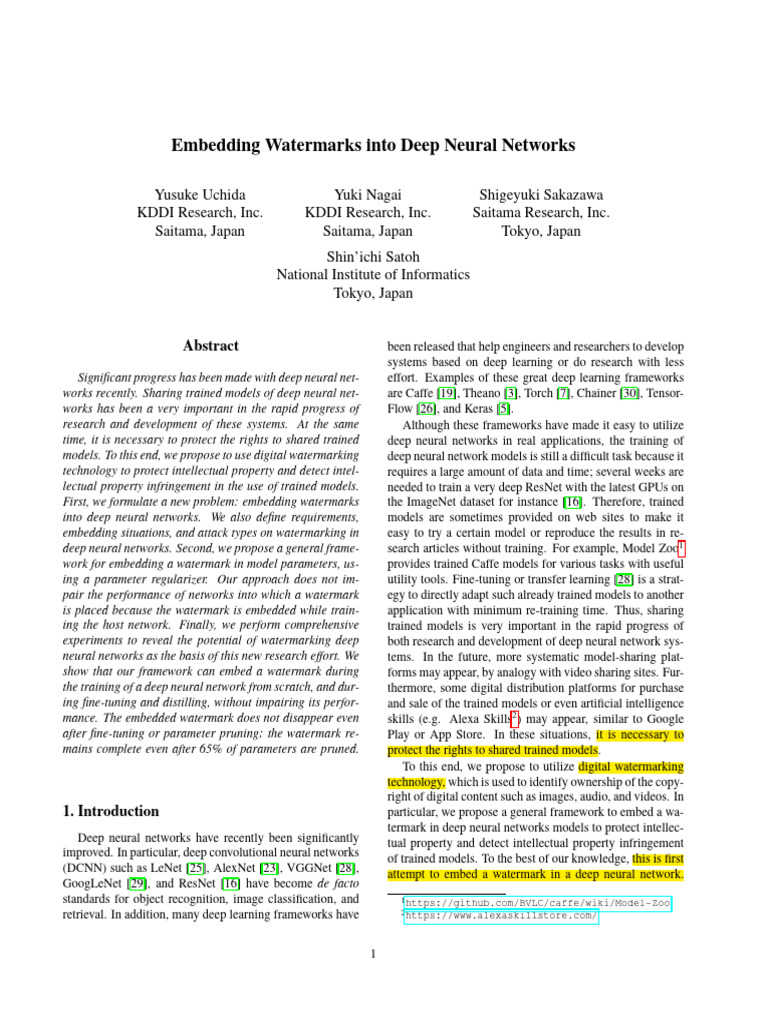 Embedding Watermarks Into Deep Neural Networks | PDF | Data Compression | Deep Learning