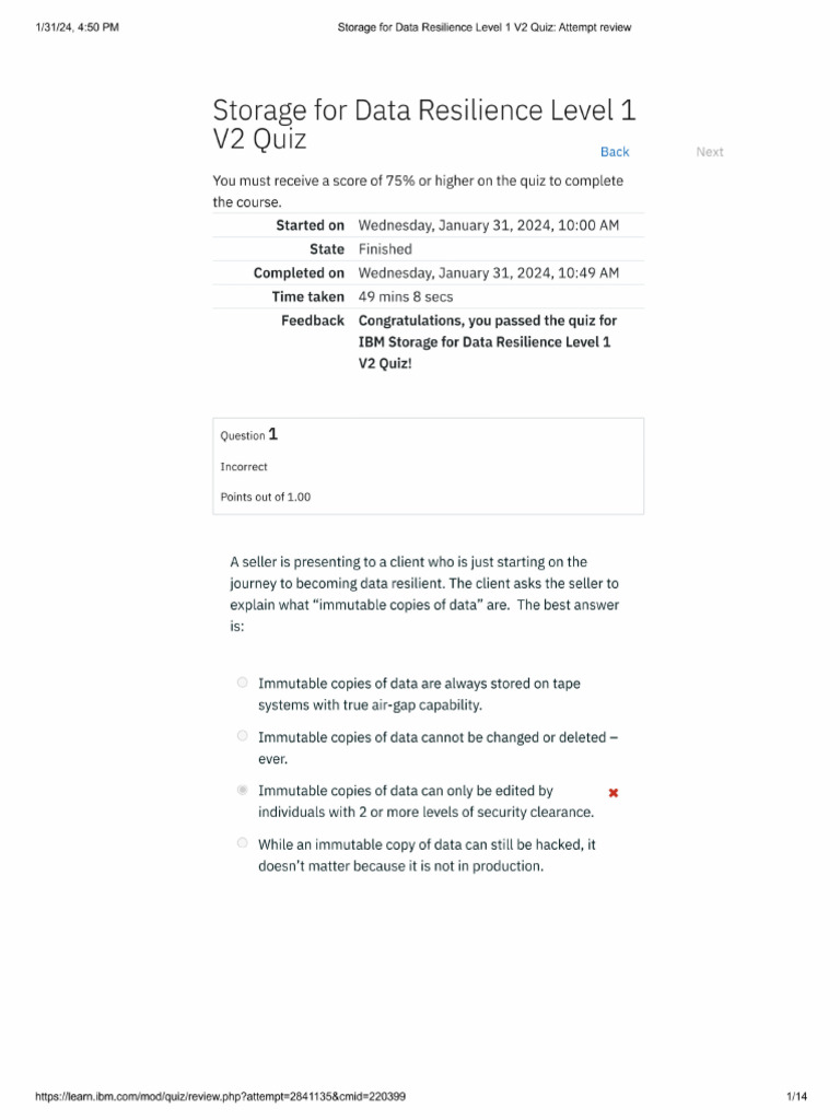 IBM Data Resilience Level 1 Quiz Review | PDF | Computing | Computer ...