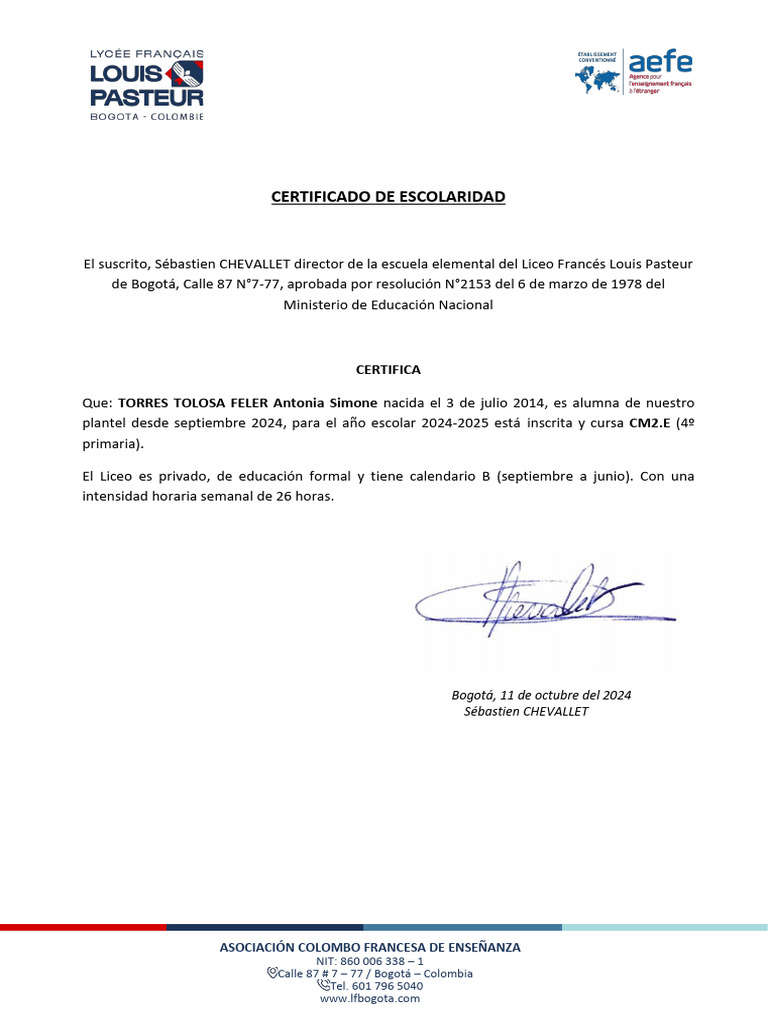 Certificado de Escolaridad TORRES Antonia ESP. | PDF