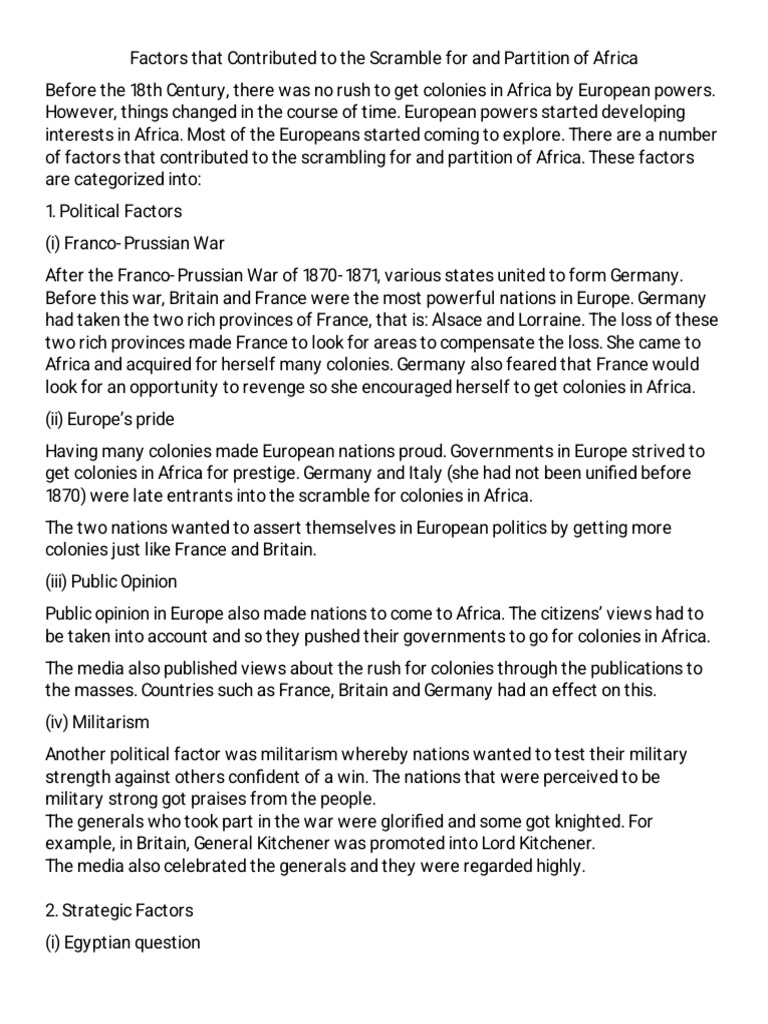 Factors That Contributed To The Scramble For and Partition of Africa ...