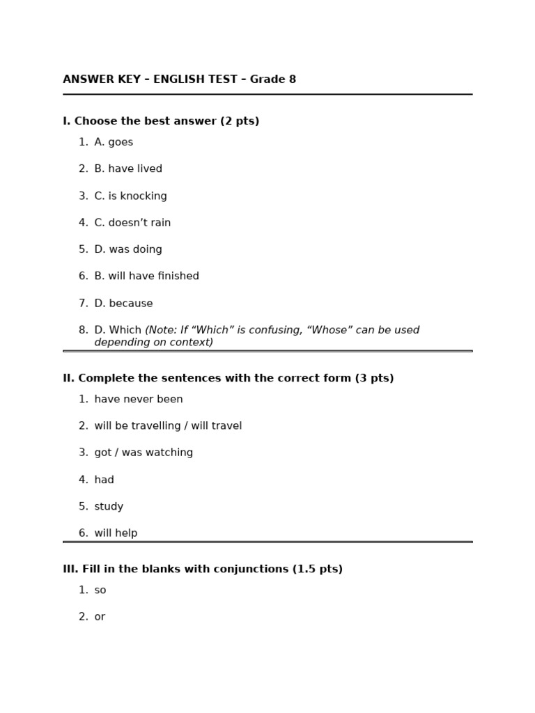 Grade 8 English Test Answer Key | PDF