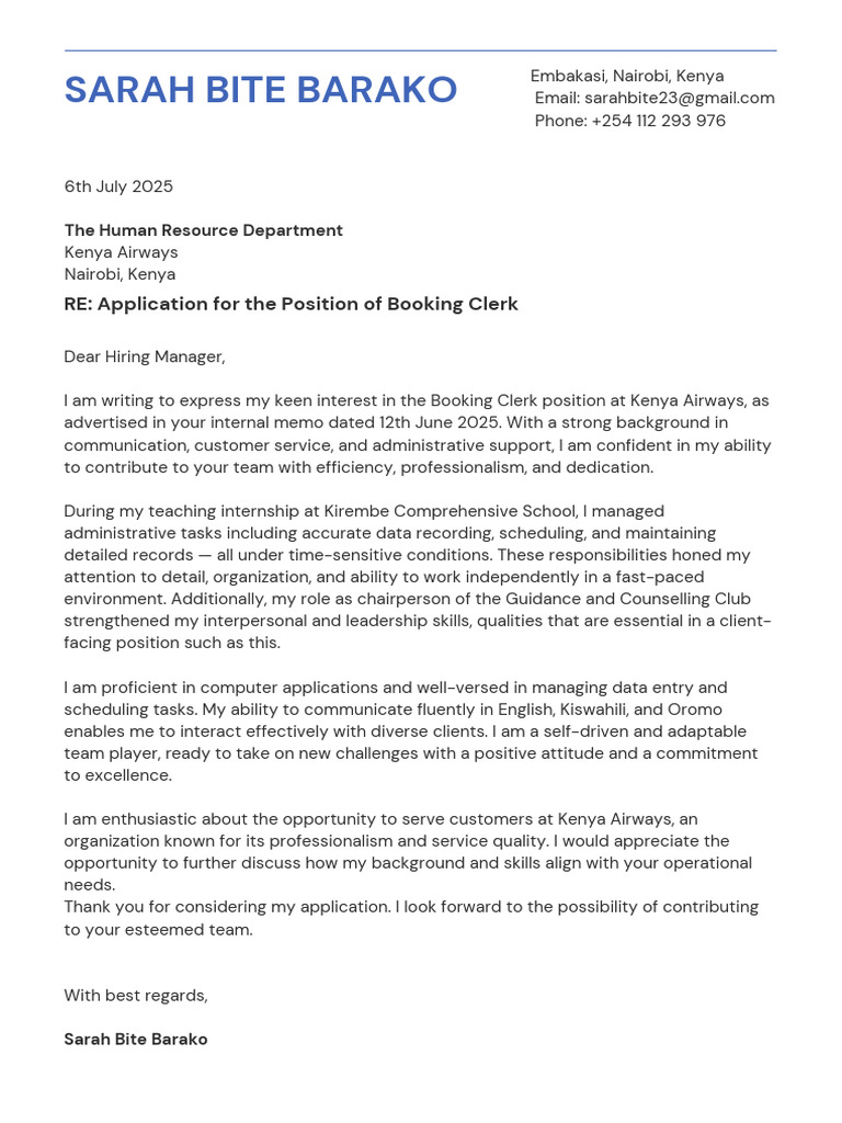 Sarah Barako Cover Letter Booking Clerk | PDF