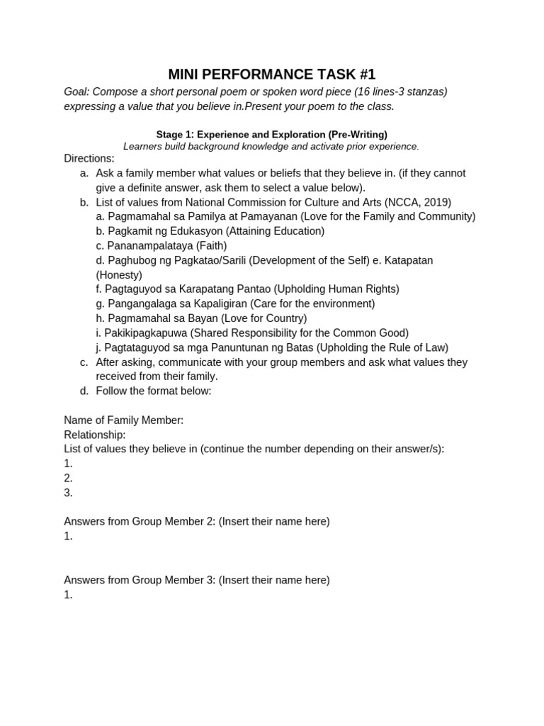 Mini Performance Task 1 - Step 1 Pre-Writing | PDF