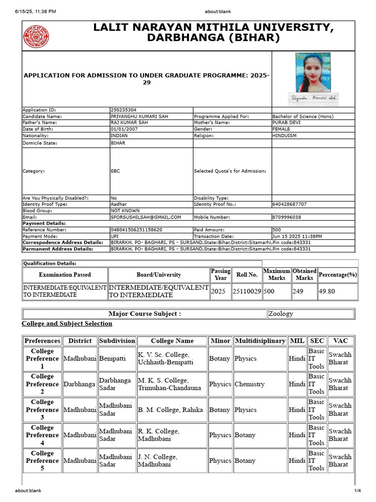 Priyanshu Lnmu Admission 2025 Download | PDF