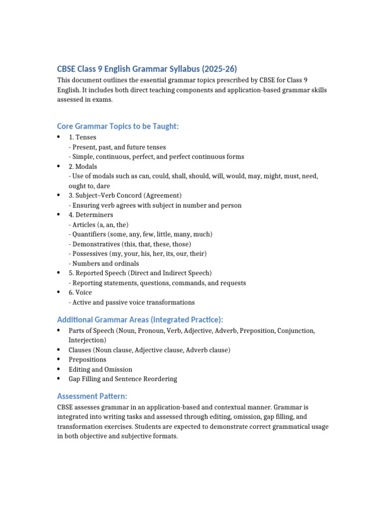 Class 9 English Grammar Syllabus 2025-26 | PDF