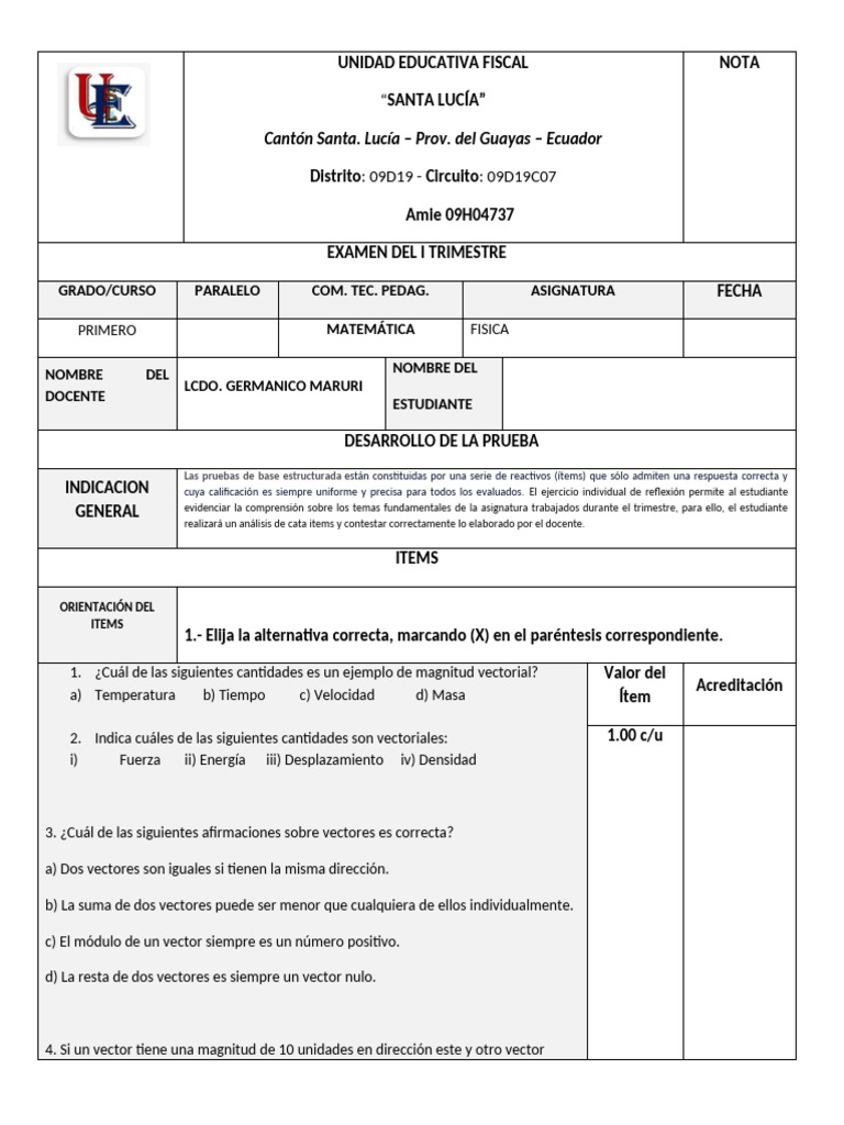 EXAMEN I TRIMESTRE LAURA FISICA1 2024 | PDF | Vector Euclidiano | Velocidad