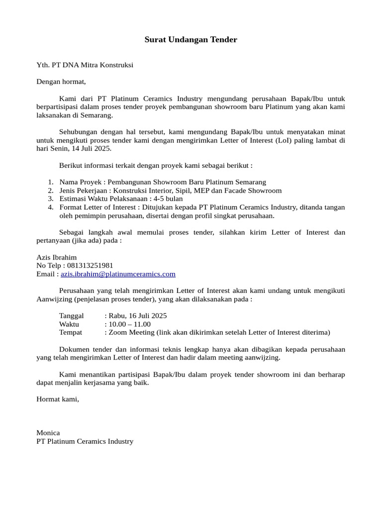 Surat Undangan Tender (PT DNA Mitra Konstruksi) | PDF