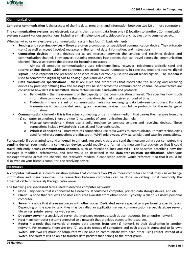 Lesson 6 - Communication and Networks | PDF | Computer Network ...