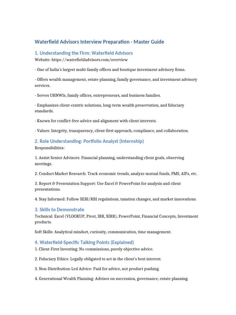Waterfield Interview Master Guide | PDF | Diversification (Finance) | Investing
