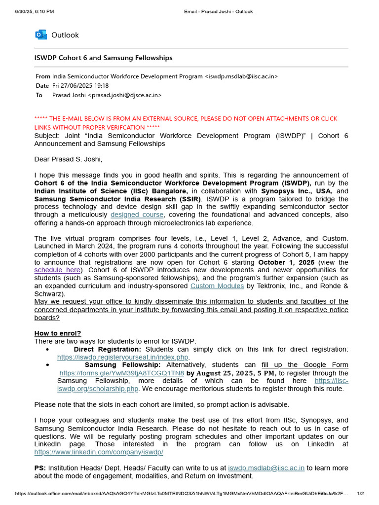 ISWDP Cohort 6 and Samsung Fellowships - IISc Banglore Program | PDF