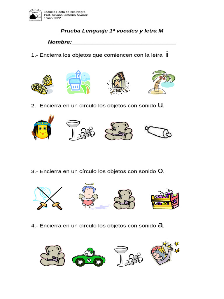 Prueba de Lenguaje: Vocales y Letra M | PDF