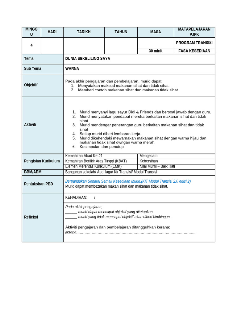 RPH Transisi PJPK Isnin m4 | PDF