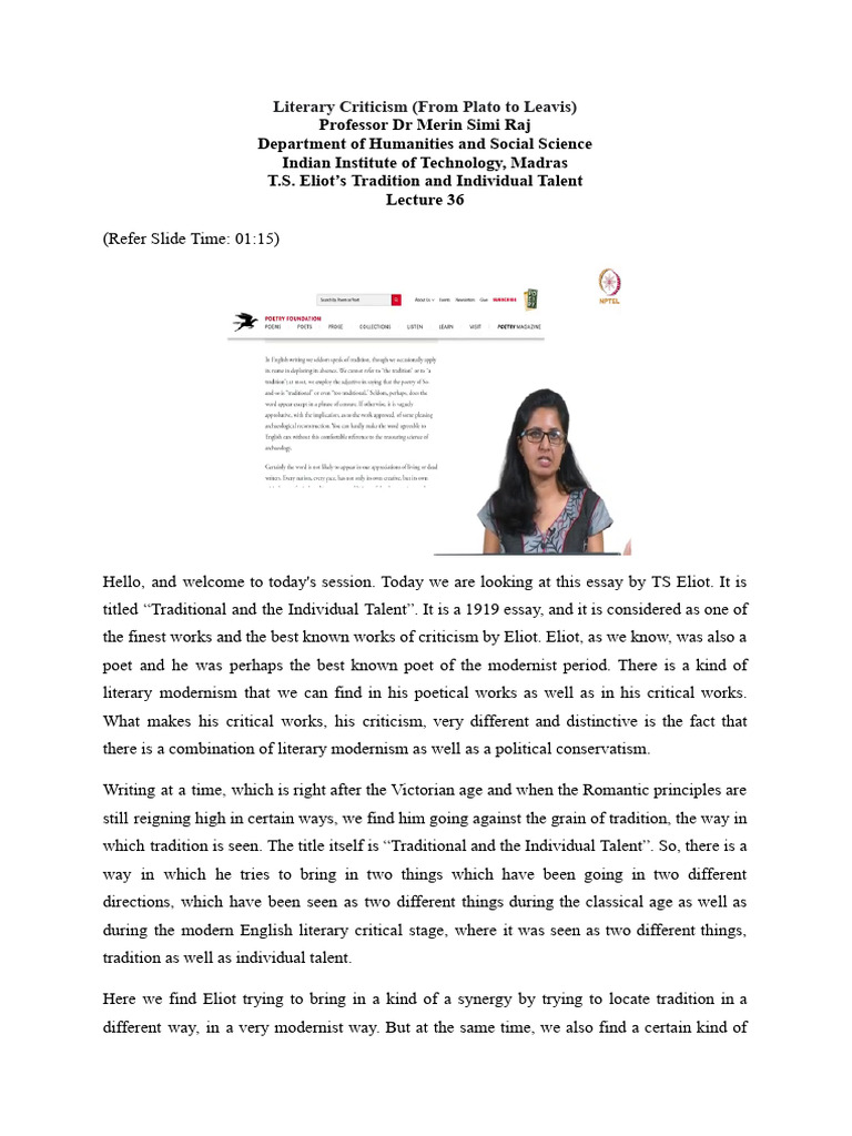 Tradition and Individual Talent NPTEL Lecture 1 | PDF | Mind | Traditions