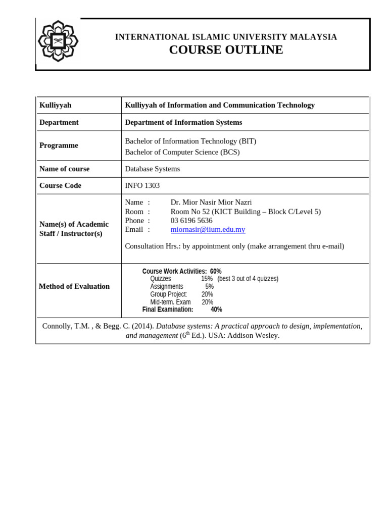 Database Systems Course Outline - IIUM | PDF | Databases | Relational ...